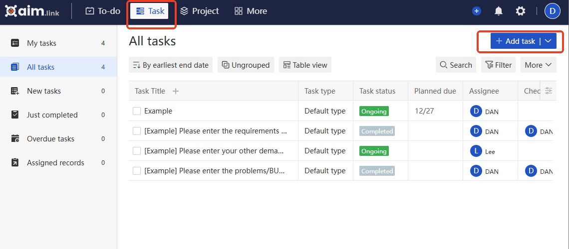 Task creation & modification-aim.link-Help center