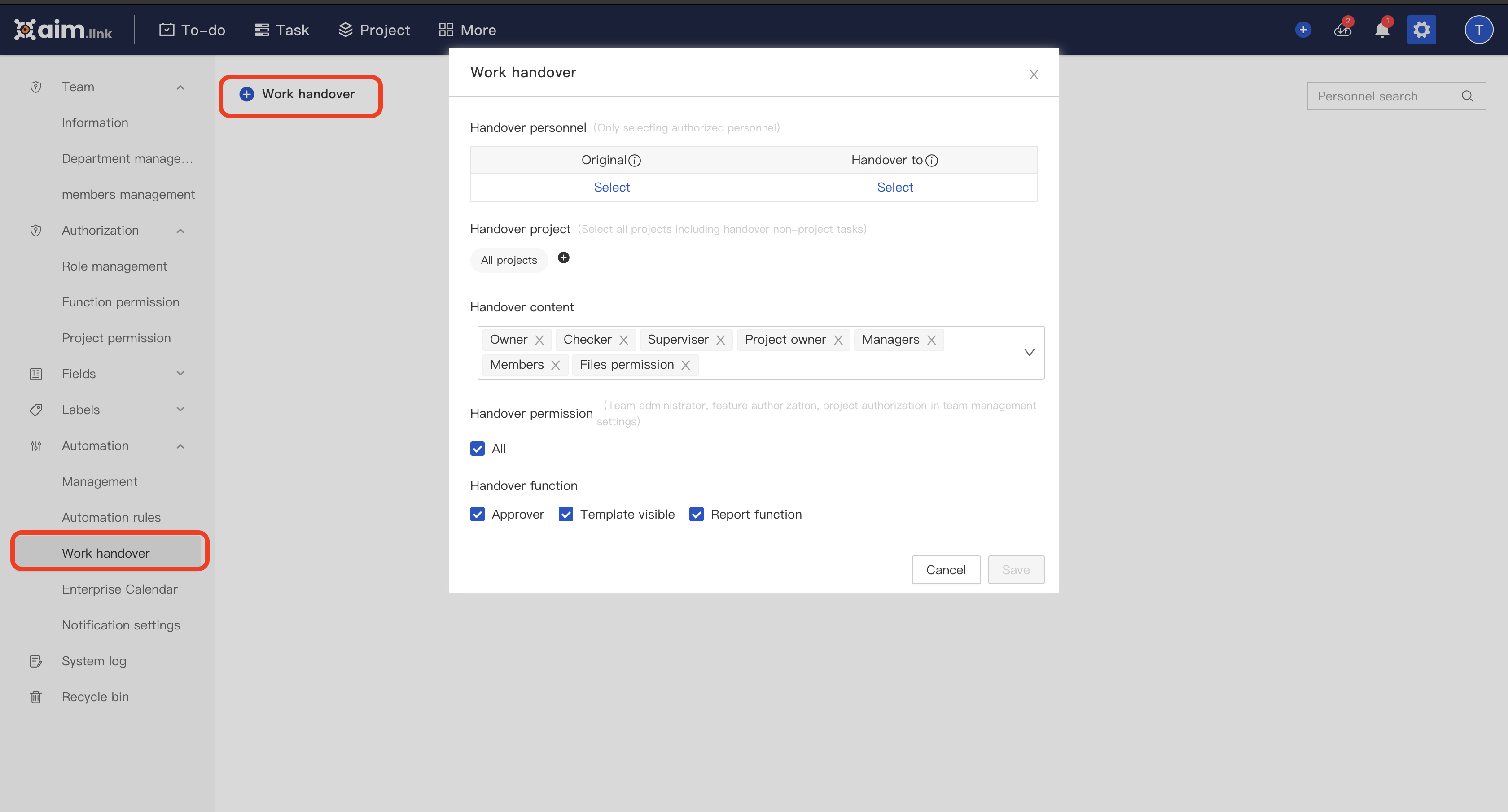 Work Handover-aim.link-Help center
