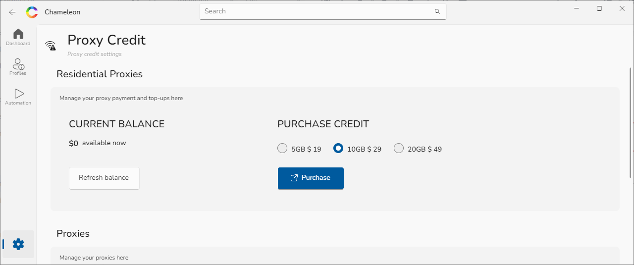 Purchasing Proxy Credits and checking your balance-Chameleon Mode