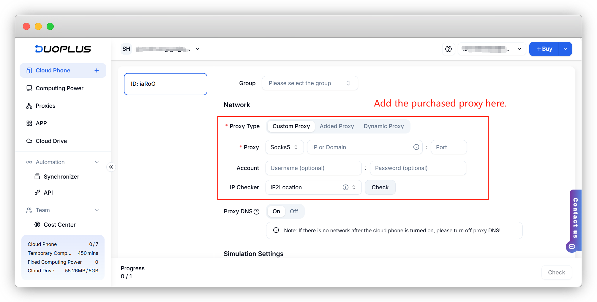 【922S5Proxy】Proxy Configuration-Help Center - DuoPlus Cloud Phone