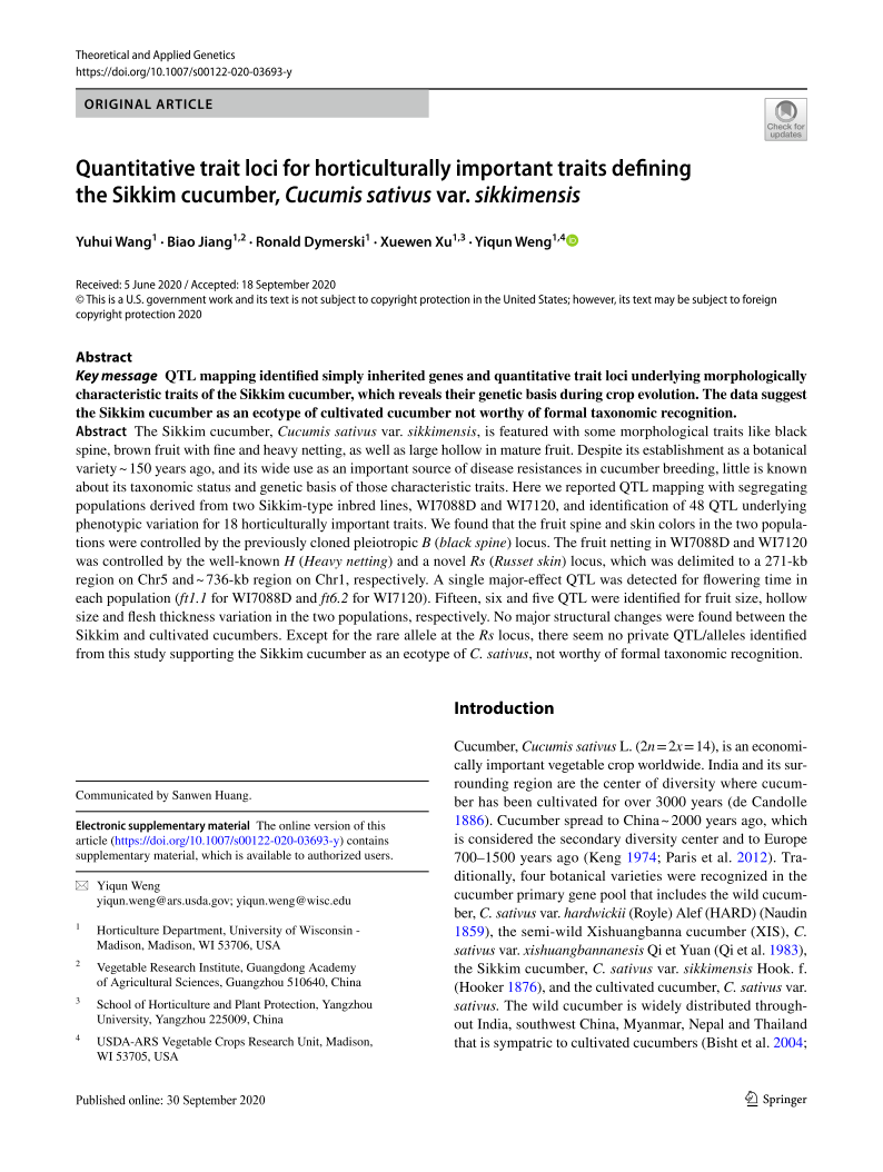 合作发表文章 Quantitative Trait Loci For Horticulturally Important Traits Defning The Sikkim Cucumber