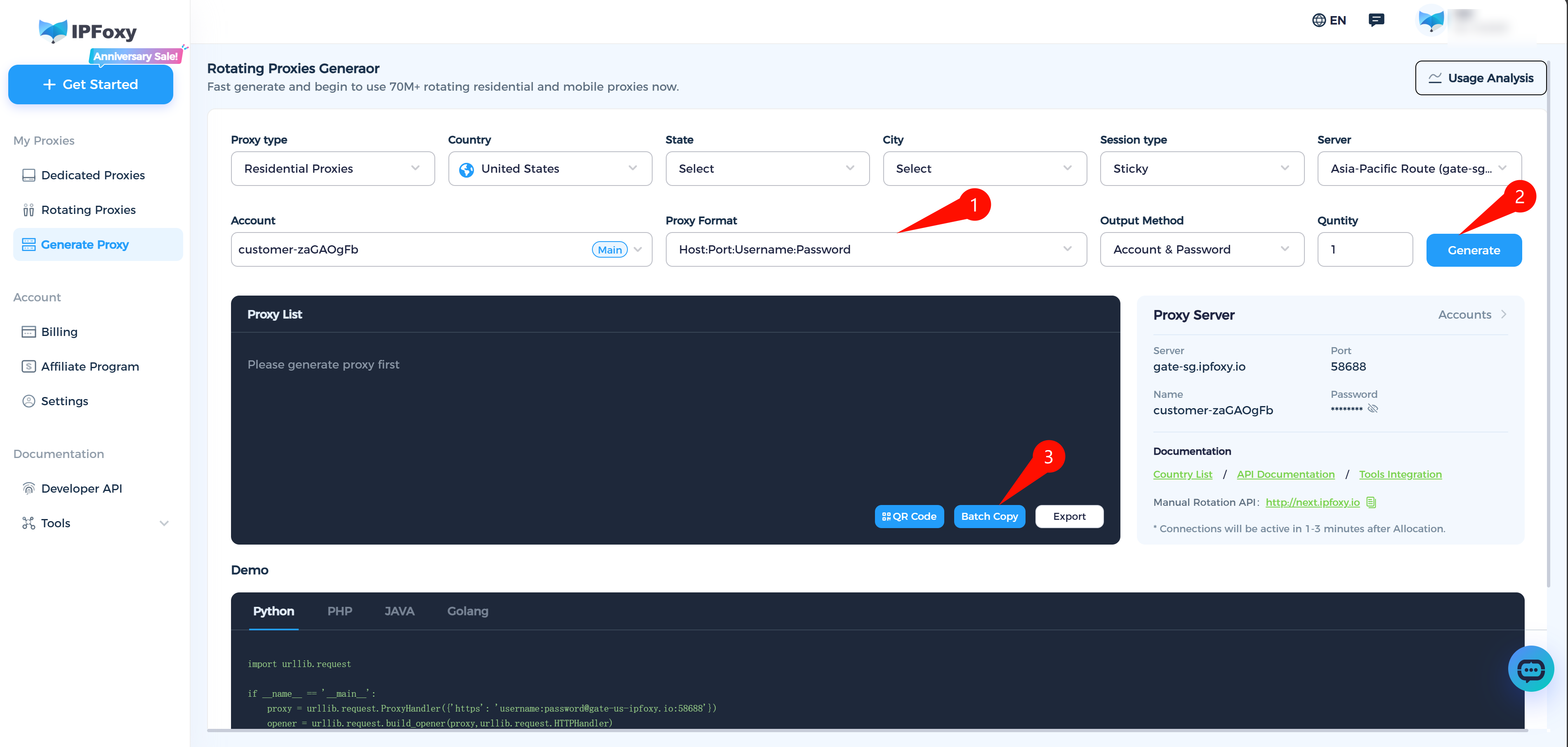 How to use Rotating proxy through GO?-IPFoxy Help Center: Proxy Setup Guides