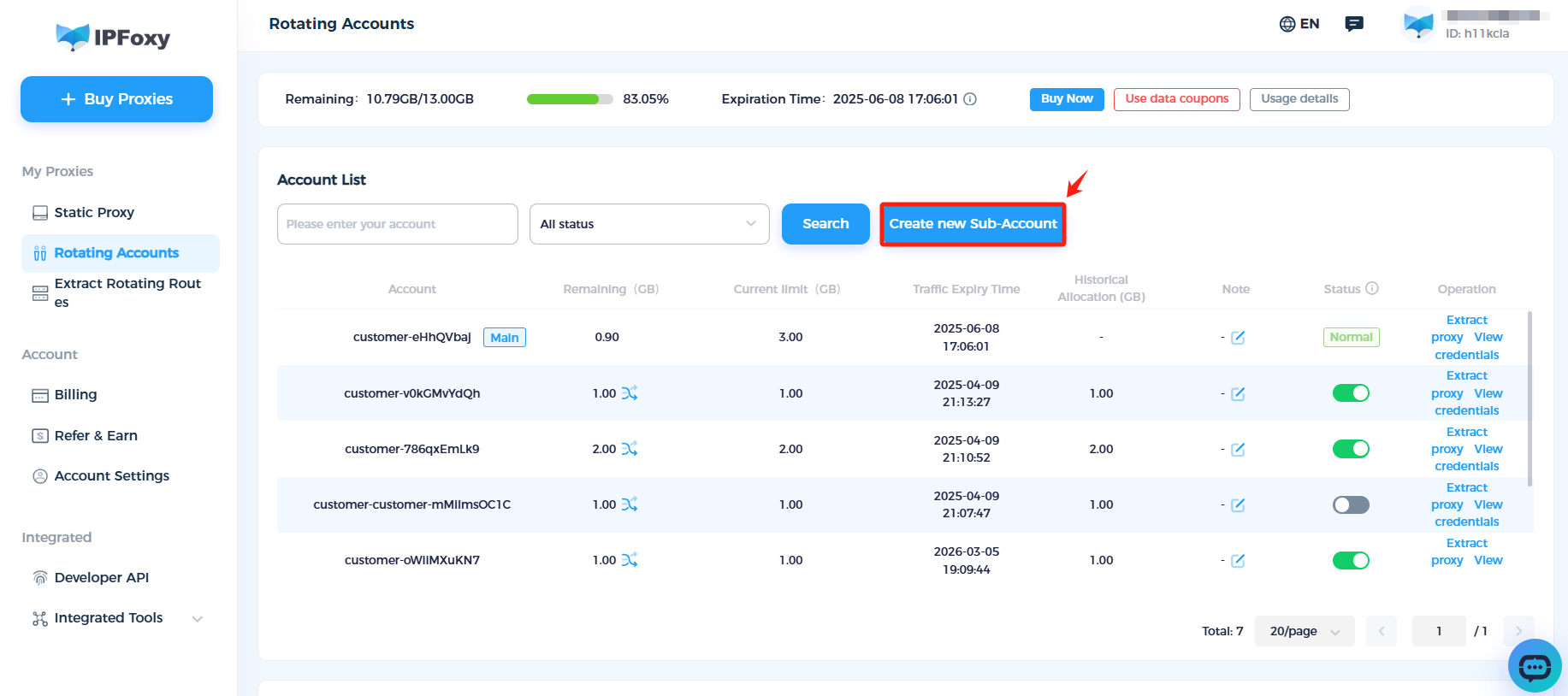 IPFoxy Rotating Proxy Sub-account Function Guide-IPFoxy Help Center: Proxy Setup Guides