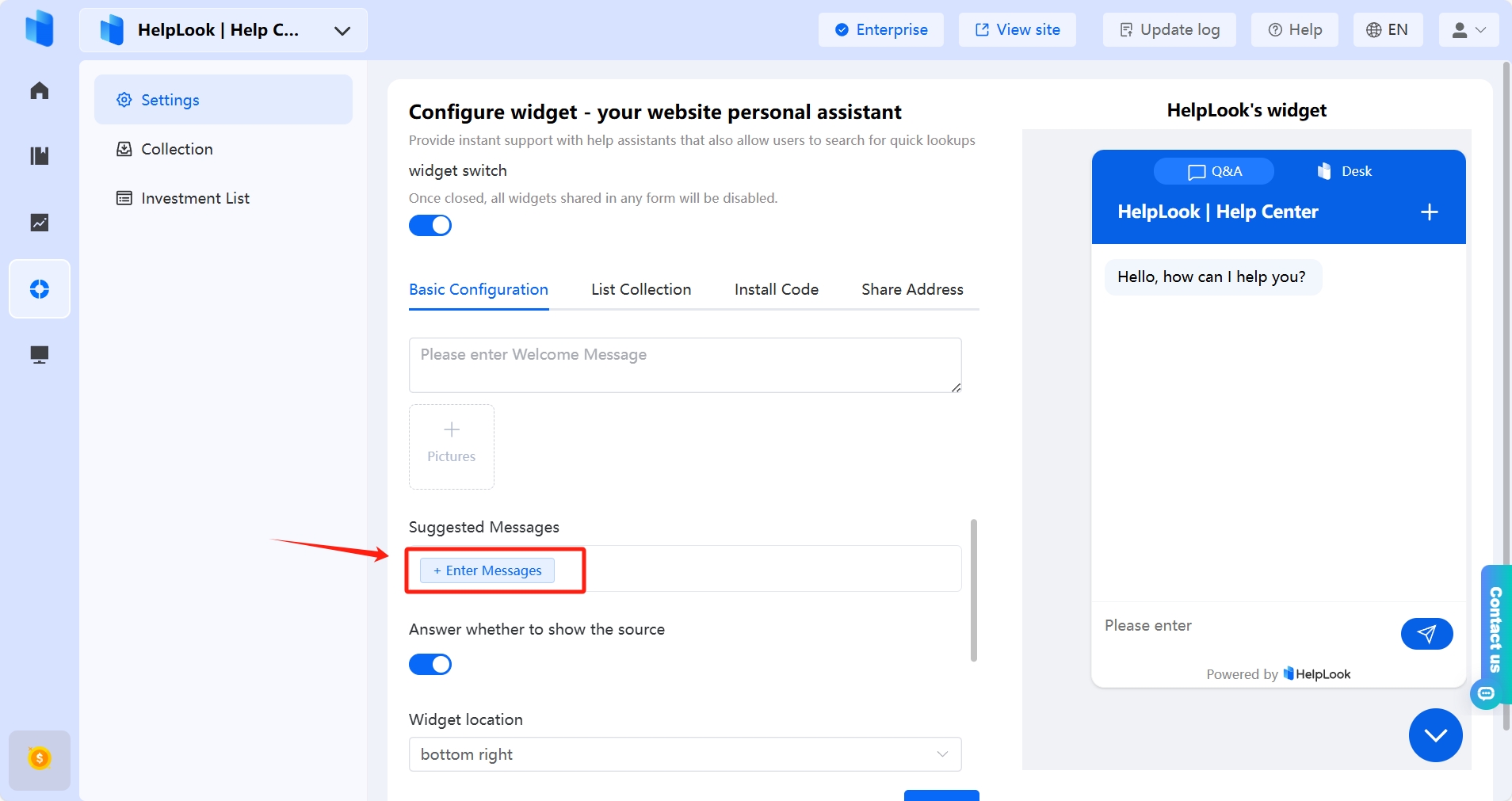 How to configure suggested messages in the widget?