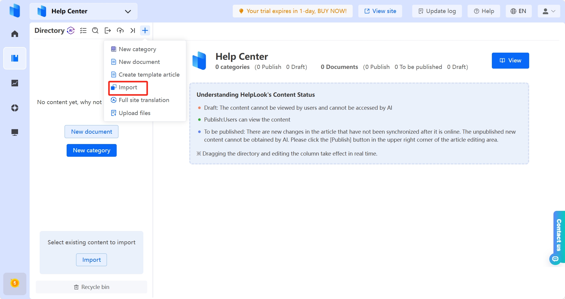 Knowledge base support for importing Docx and Markdown files