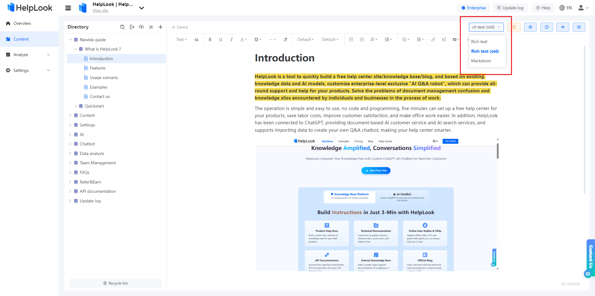 HelpLook supports switching Rich text/Rich text (old)/Markdown editor HelpLook supports switching Rich text/Rich text (old)/Markdown editor