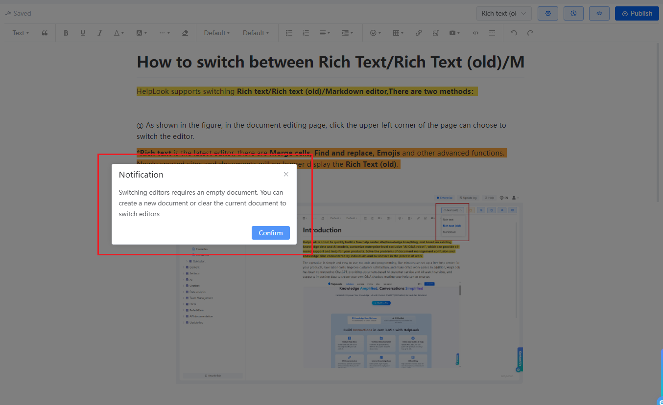 HelpLook supports switching Rich text/Rich text (old)/Markdown editor
