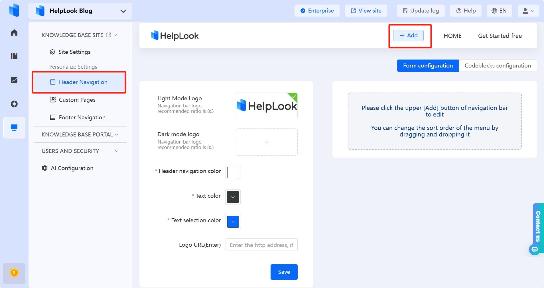 How to customize the header navigation logo, color, text color, text selection color, URL ...