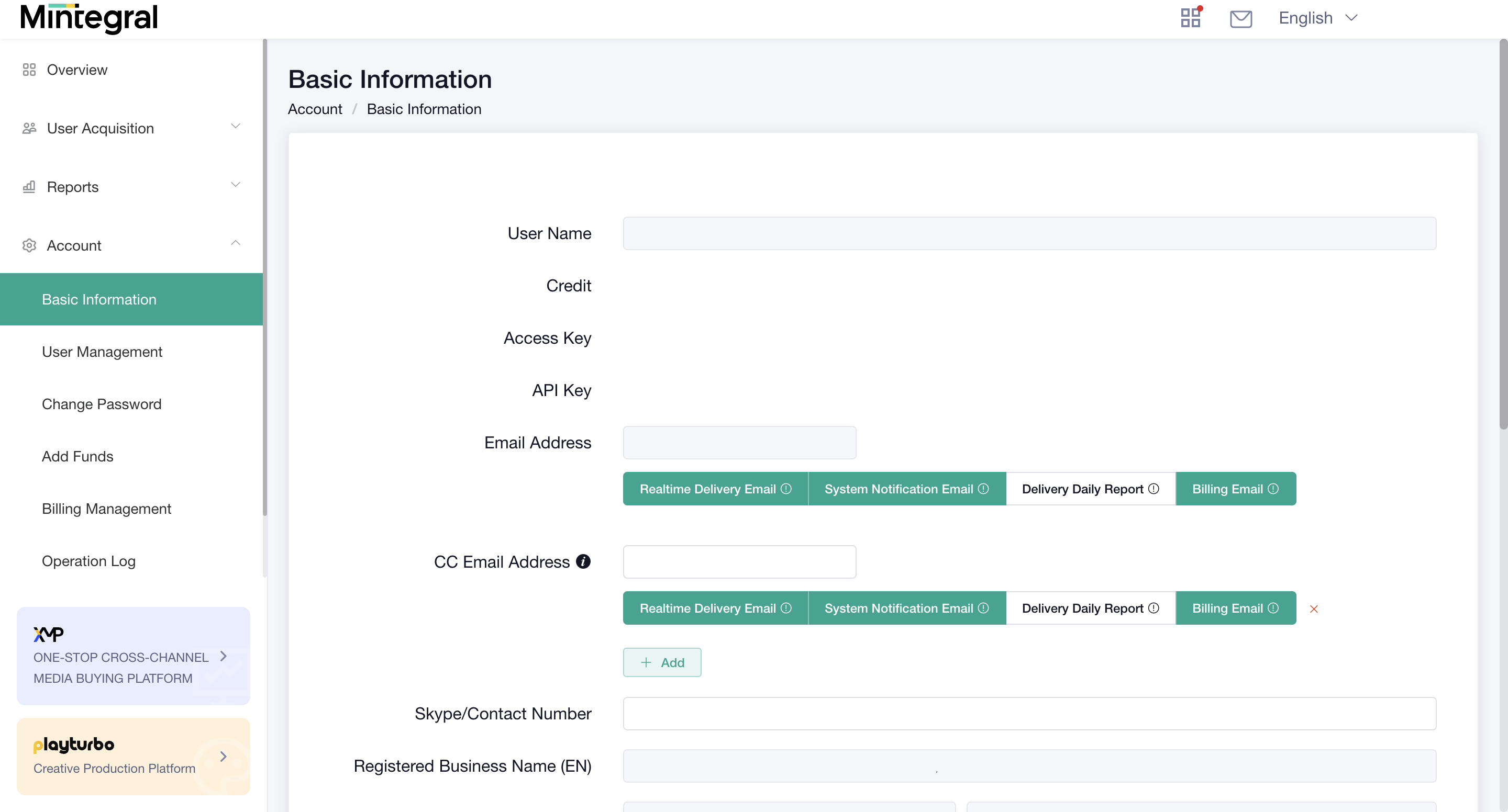 Advertiser Registration And API Key Acquisition for Mintegral