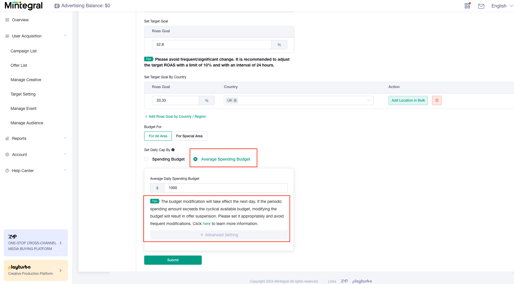 Instruction for "Average Daily Budget" Feature-Mintegral AppGrowth Platform | Help Center