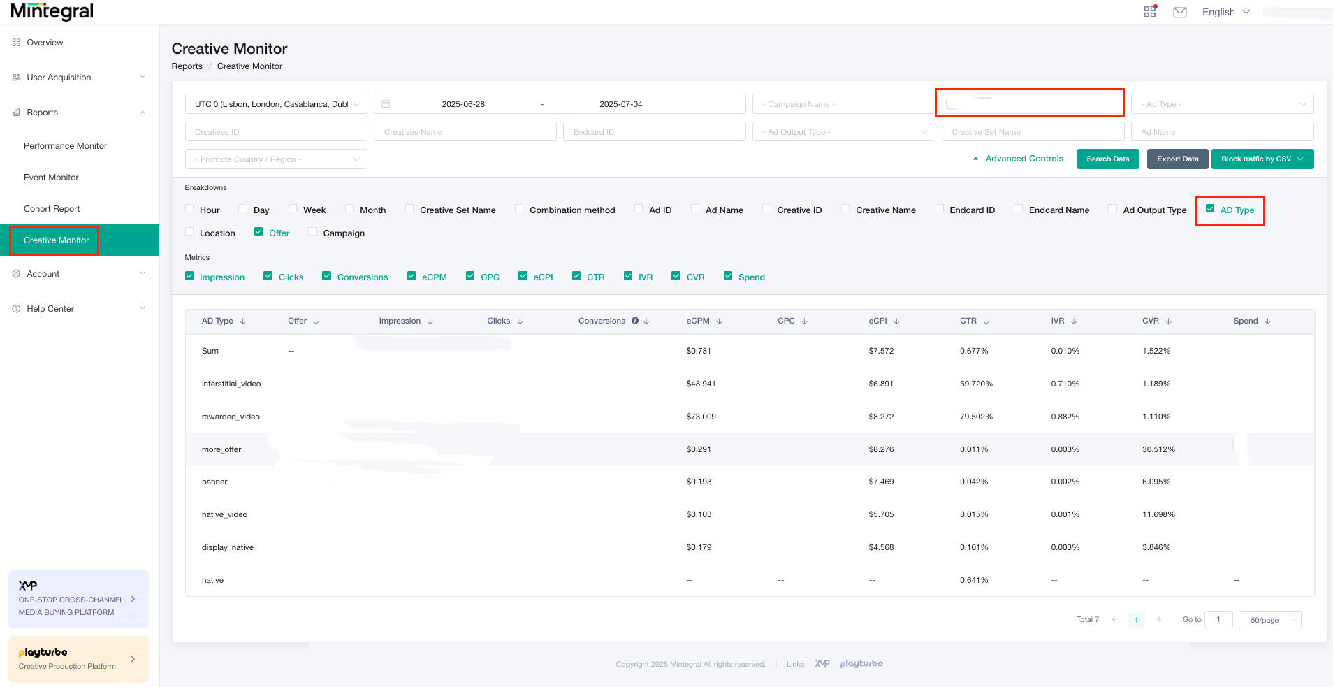 Creative Monitor for analyzing & optimizing ad campaigns on Mintegral's AppGrowth platform