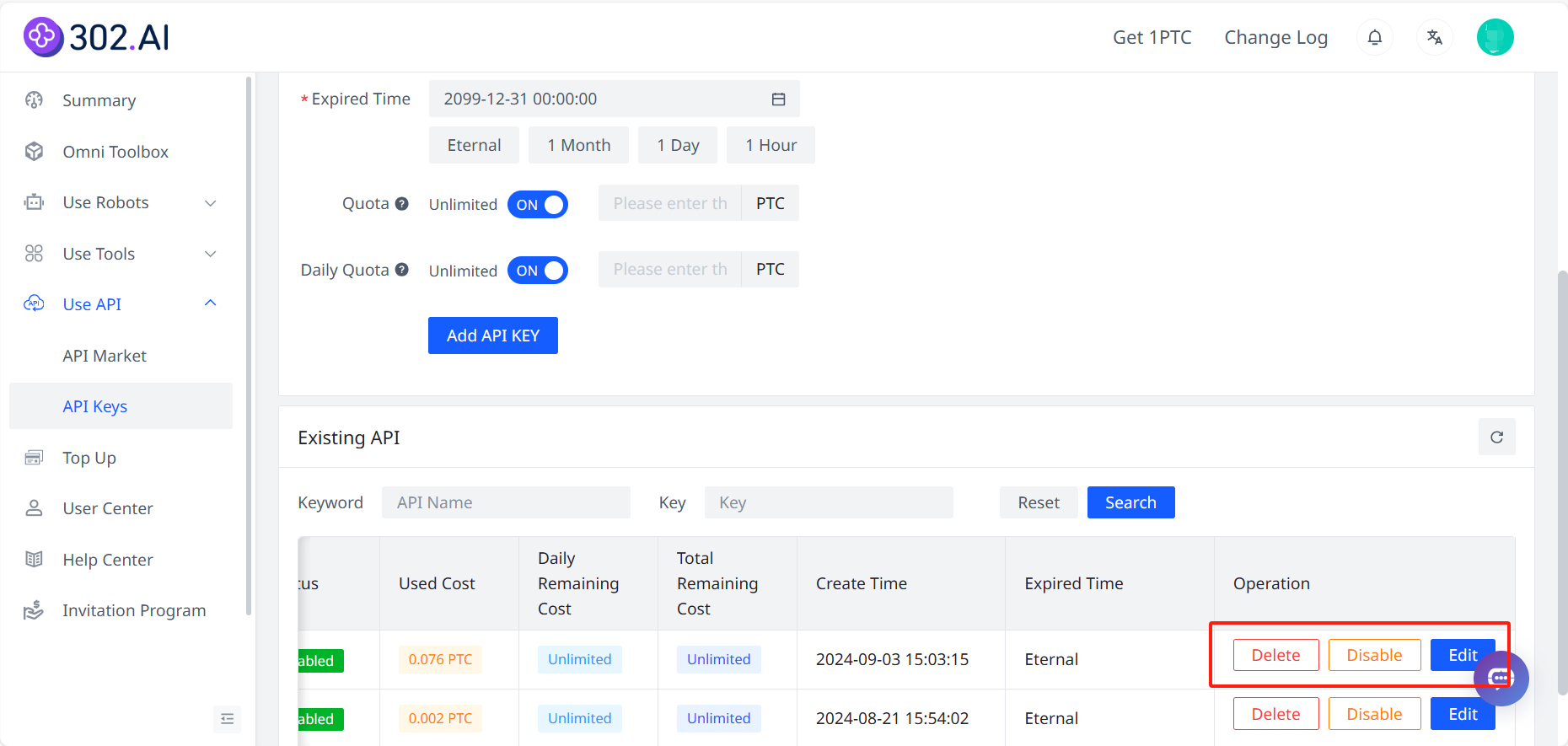 API KEY Management-302.AI| Help Center