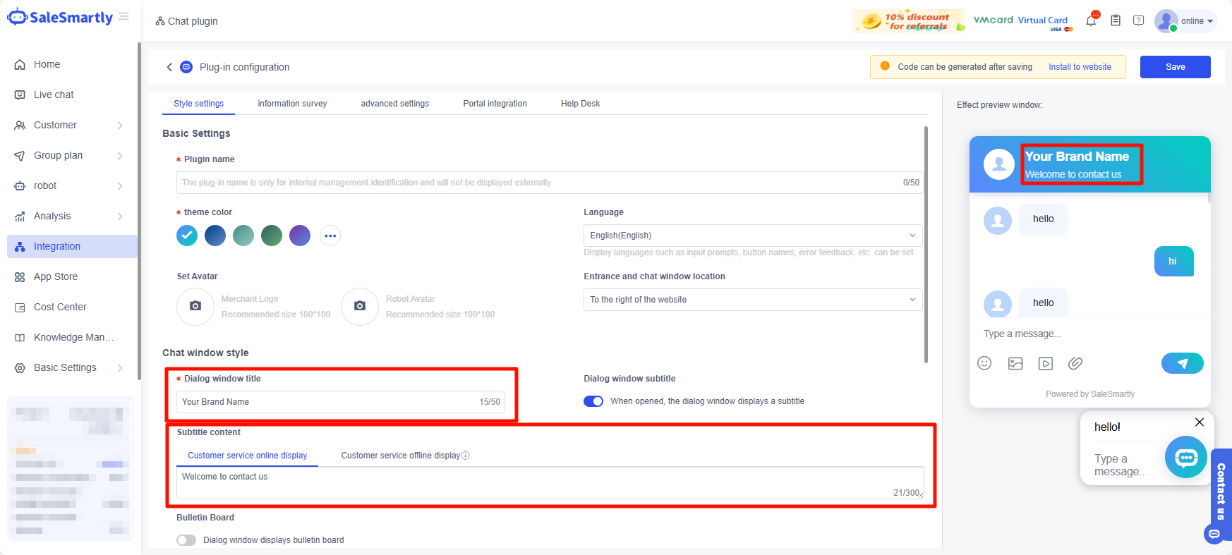 How to change the chat plugin main title and subtitle