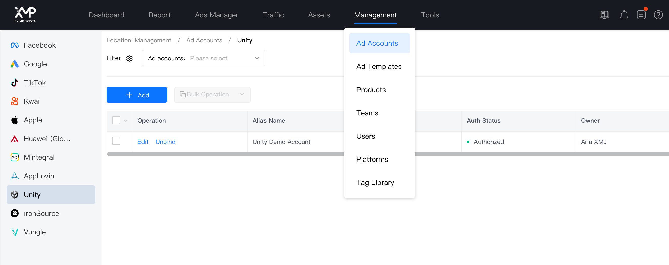 Connect an Unity ad account to XMP