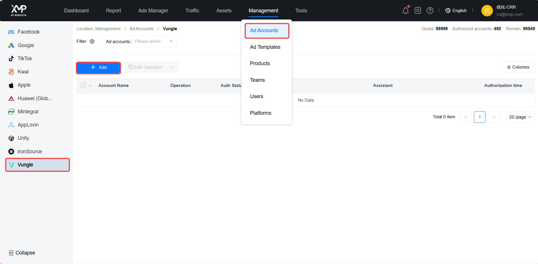 Vungle ad account connection (Liftoff Direct)-XMP | Help Center